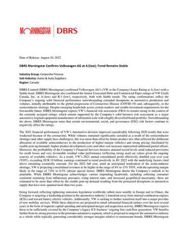 DBRS Morningstar Rating Confirmation | Volkswagen Group